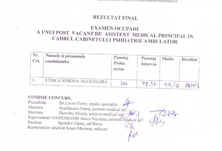 REZULTAT FINAL examen asistent medical Ambulatoriu – Spitalul de ...